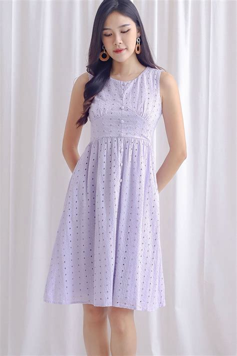 Gracie Eyelet Bustier Buttons Dress In Lilac Shopperboard