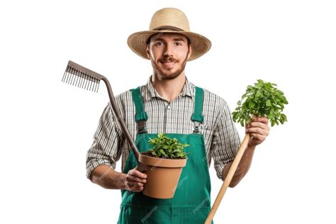 Smiling Gardener Holding Potted Plant Rake And Shovel Premium Ai