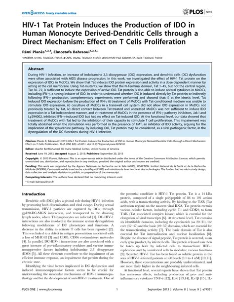 Pdf Hiv 1 Tat Protein Induces The Production Of Ido In Human Monocyte Derived Dendritic Cells