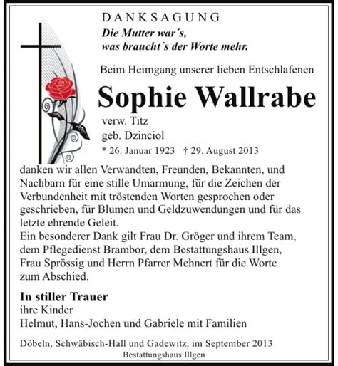 Traueranzeigen Von Sophie Wallrabe Trauer Anzeigen De