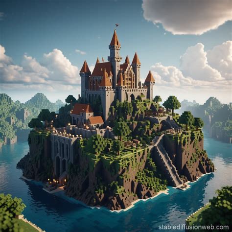 Isometric Minecraft Castle Island Scene Stable Diffusion Online