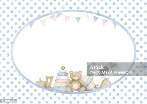 베이비 샤워 인사말 카드 또는 초대장을 위한 아이 장난감이 있는 직사각형 프레임 손으로 그린 수채화 템플릿은 소년 또는 소녀를 위한 텍스트 공간이 있는 생일 파티를 위한