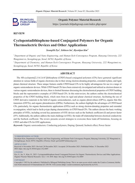 Pdf Cyclopentadithiophene Based Conjugated Polymers For Organic Thermoelectric Devices And