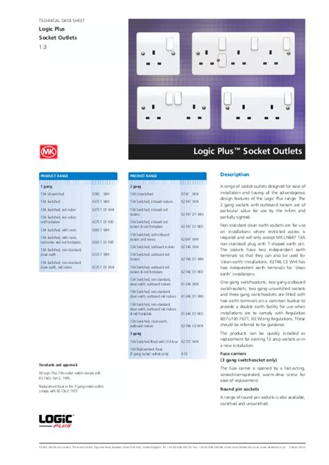 Mk Electric Logic Plus Socket Outlets Datasheet