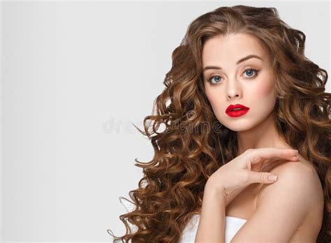 Curly Hair Woman Portrait Long Hair With Perfect Make Up Red Lips