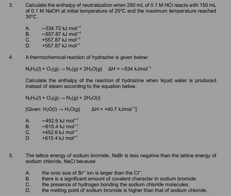 3 Calculate The Enthalpy Of Neutralization When 250 Ml Of 01 M Hci Reacts With 150 Ml Of 01 M
