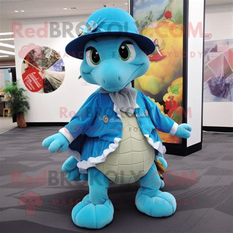 Sky Blue Turtle Mascot Costume Character Dressed With A Skirt And Hat