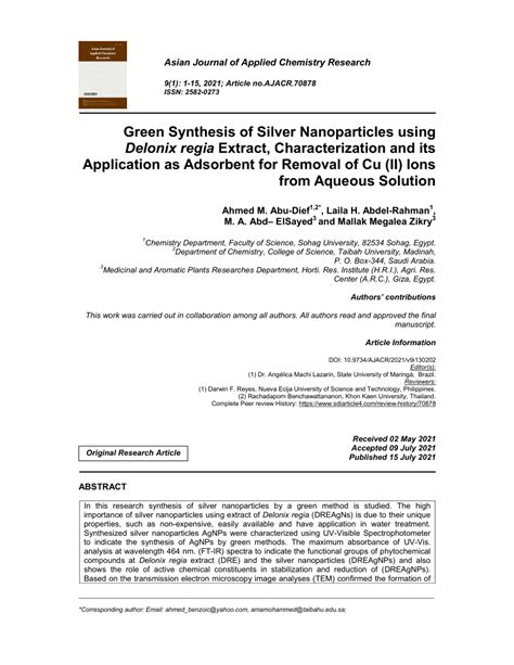 Pdf Green Synthesis Of Silver Nanoparticles Using Delonix Regia