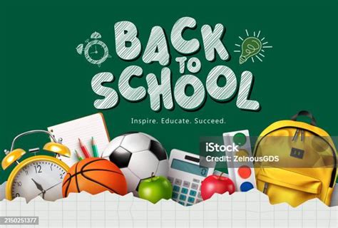 학교 텍스트 벡터 템플릿 디자인으로 돌아 가기 배낭 축구공 알람 시계 계산기가 있는 녹지 공간에서 신학기 인사말 3차원 형태에 대한 스톡 벡터 아트 및 기타 이미지 Istock