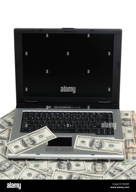 Hundred Dollar Banknotes Lying On Laptop White Background Isolated