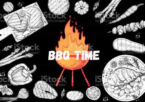 바베큐 그릴 음식 스케치 메뉴 디자인 템플릿입니다 구운 고기와 야채 프레임 벡터 그림입니다 새겨진 디자인 손으로 그린 그림