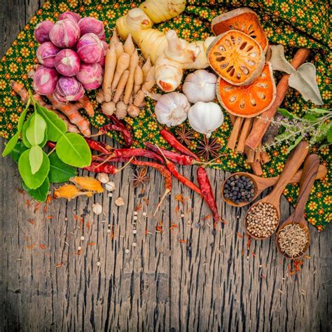 Assortment Of Thai Food Cooking Ingredients And Paste Of Thai Po Stock