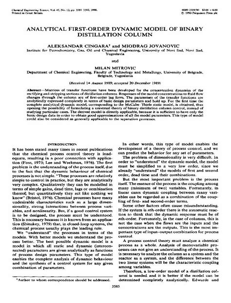pdf analytical first order dynamic model of binary distillation