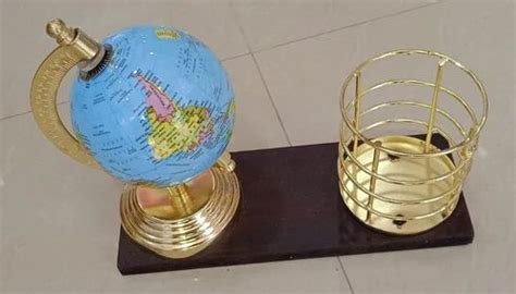 Blue And Golden Base Acrylic Globe Design Pen Stand For Office At Rs