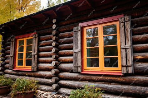 Premium Photo Closeup Of Log Cabin Windows With Wooden Shutters