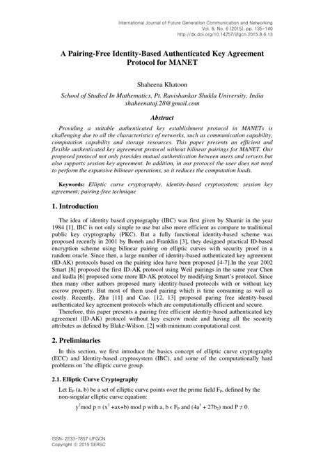 Pdf A Pairing Free Identity Based Authenticated Key Agreement Protocol For Manet