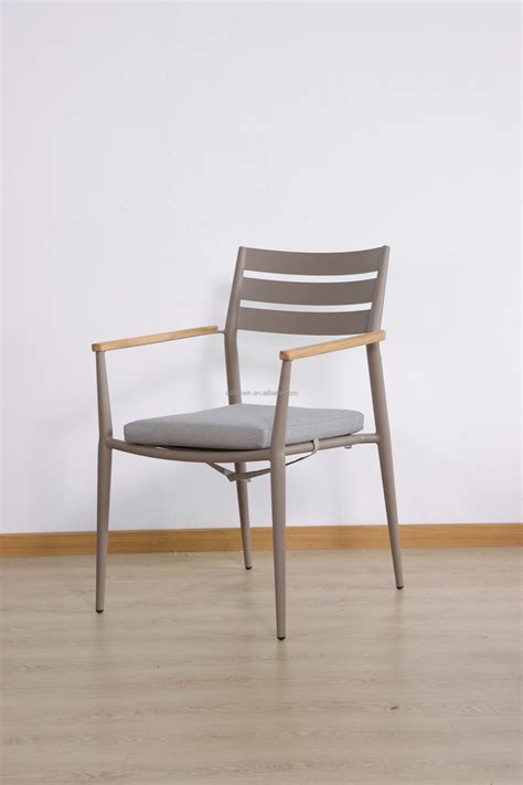 Modern Garden Dining Chairs With Teak Wood Armrest Aluminum Stackable