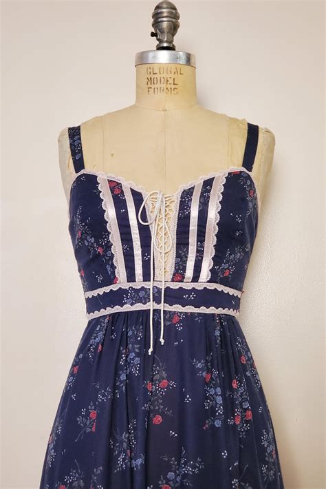 1970s Gunne Sax By Jessica San Francisco Long Prairie Dress Navy