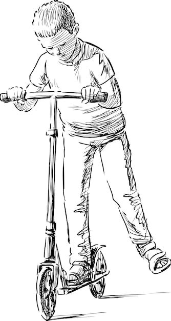 스쿠터를 타는 어린 소년 프리미엄 벡터