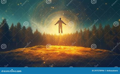 Spirit Of A Man Flying Over The Field In Sparkling Golden Light