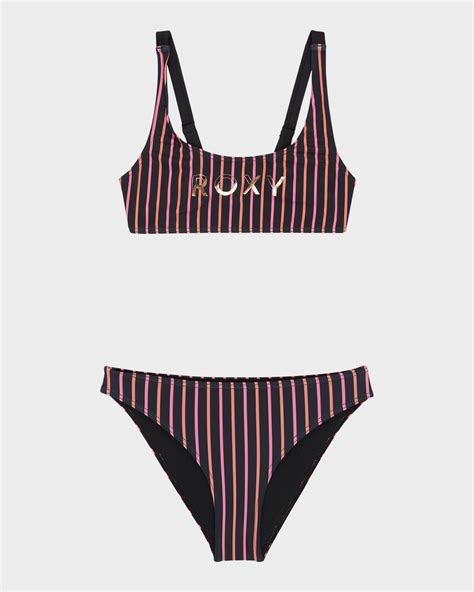 Girls 6 16 Active Rg Two Piece Anthracite Bold Stripe Roxy