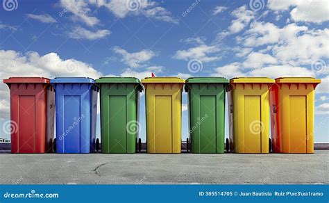 Color Coded Recycling Bins Lined Up For Environmental Care Stock Image