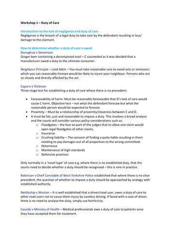 Tort Law Duty Of Care Notes Teaching Resources