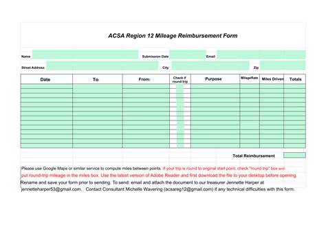 Acsa Region 12 Mileage Reimbursement Form