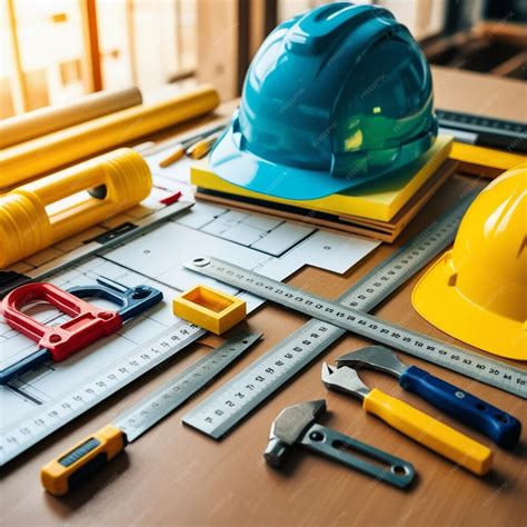 Construction Planning Tools And Blueprints High Quality Image Premium