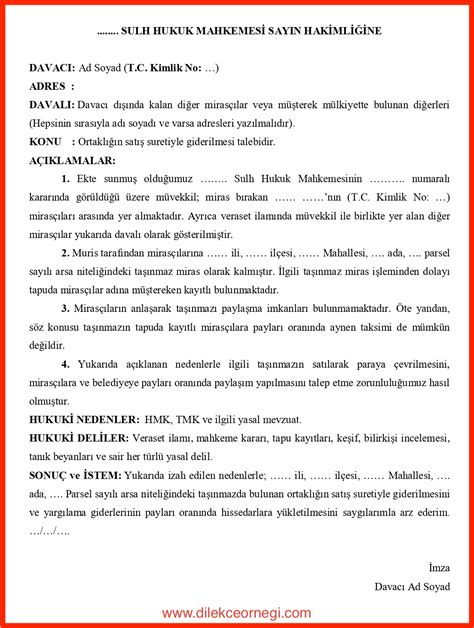 Ortaklığın Giderilmesi İzale i Şuyu Davası Dilekçe Örneği Dilekçe Örneği