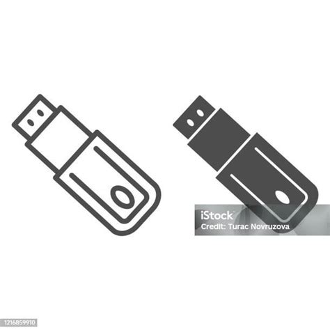 플래시 드라이브 라인과 글리프 아이콘 현대 메모리 스토리지 스틱 기호 흰색 배경에 윤곽 스타일 그림 모바일 개념 및 웹 디자인을 위한 기술 또는 데이터 안전 신호입니다 벡터