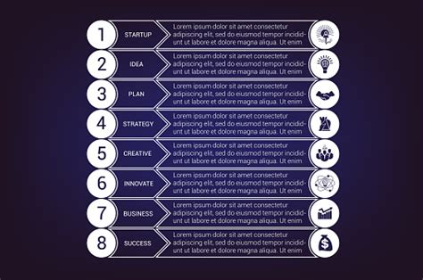 스타트업 버스 시 어 서클 및 수평 스트립의 인포 그래픽 템플릿 텍스트 영역에 대 한 8 위치 워크플로 배너 다이어그램 웹 디자인에 사용 가능 개념에 대한 스톡 벡터 아트