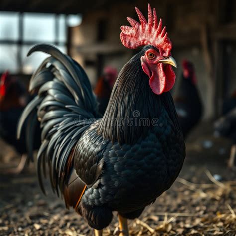 Rooster On A Farm Closeup View Big Black Cockerel Ultra Realistic