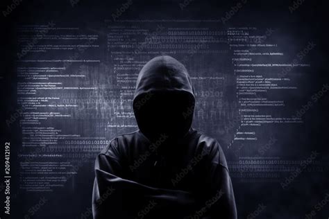 Internet Crime Concept Hacker Working On A Code On Dark Digital Background With Digital