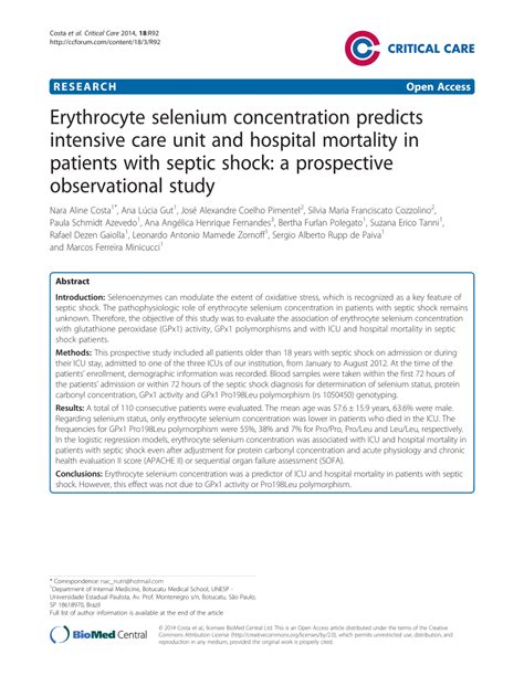 Pdf Erythrocyte Selenium Concentration Predicts Intensive Care Unit
