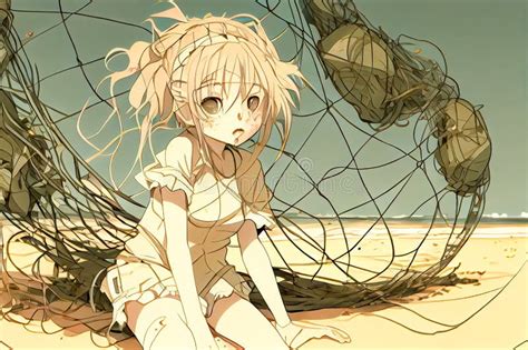 Anime Girl En La Playa Enredado En Una Red Ai Generativo Ai Stock de ilustración Ilustración