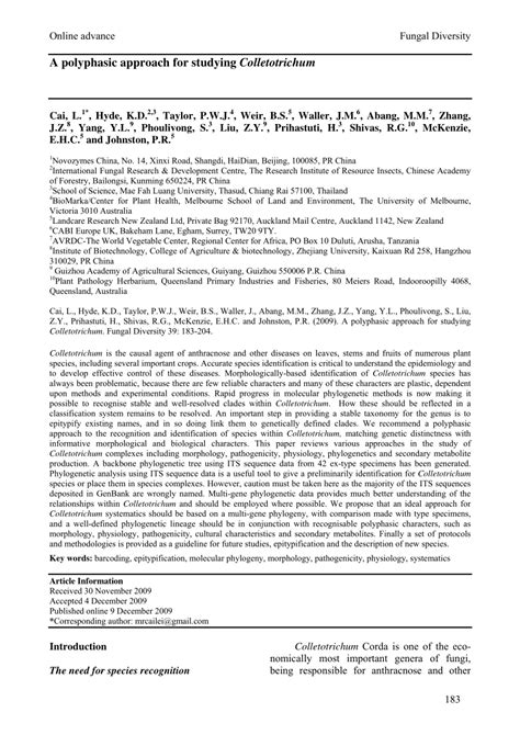 Pdf A Polyphasic Approach For Studying Colletotrichum