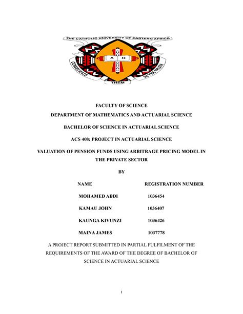 Project In Actuarial Science Faculty Of Science Department Of Mathematics And Actuarial