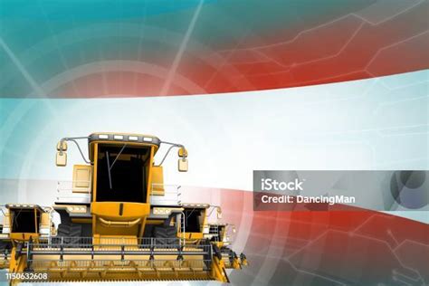 디지털 산업 3d 그림 노란색 현대 호 밀 결합 수확기 오스트리아 국기 농업 장비 현대화 개념 3차원 형태에 대한 스톡 사진 및 기타 이미지 Istock