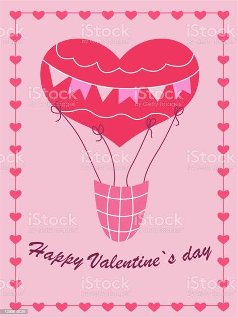 발렌타인 데이 카드 심장 풍선과 비문 해피 발렌타인 데이 프레임에 하트가 있는 핑크 카드 낭만적 인 견적 엽서 카드 초대 배너 템플릿 2월에 대한 스톡 벡터 아트 및 기타