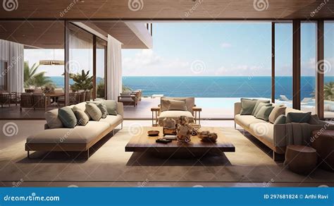 A Luxurious Beachfront Villa With Floor To Ceiling Windows Stock Illustration Illustration Of