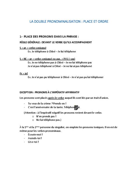 La Double Pronominalisation RÈgles Et Ordre Des Pronoms Studocu