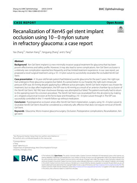 PDF Recanalization Of Xen45 Gel Stent Implant Occlusion Using 10 0 Nylon Suture In