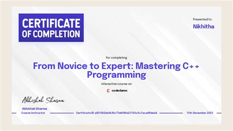 Nikhithas Certification For From Novice To Expert Mastering C