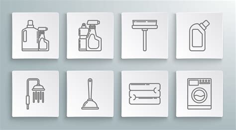 물방울이 흐르는 샤워 헤드 액체 식기 세척액용 플라스틱 병 변기 플런저 수건 더미 세탁기 스퀴지 스크레이퍼 와이퍼 및 아이콘을 설정합니다 벡터 가사 집안일에 대한 스톡 벡터