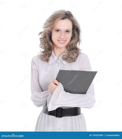 Smiling Female Assistant With Documentsisolated On White Stock Image