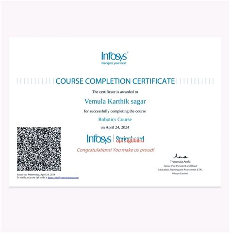 the course completion certificate of robotics karthik sagar vemula