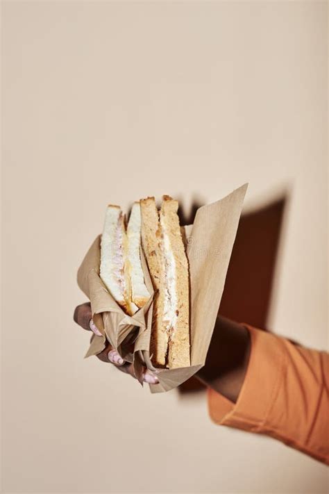Woman Holding Sandwich In Paper Wrapping Stock Image Image Of Holding
