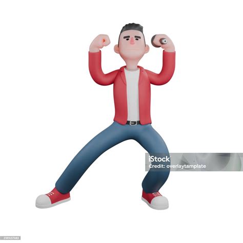 3d 일러스트 가수 캐릭터 남자 가수는 오른쪽 다리를 옆으로 쭉 뻗고 왼쪽 다리를 구부린 채 두 손을 들고 왼쪽은 마이크를 오른쪽은 꽉 쥐고 있습니다 음악 연주자 3차원