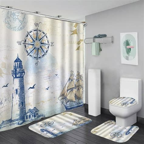 Lighthouse Shower Curtain Coastal Beach Shower Curtain With Rug Set